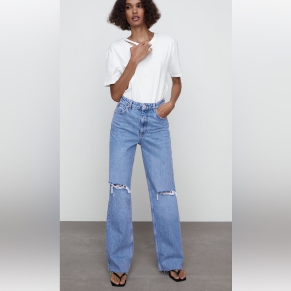 Zara | Jeans | Zara Wide Leg Full Length Distressed Knee Jeans | Poshmark